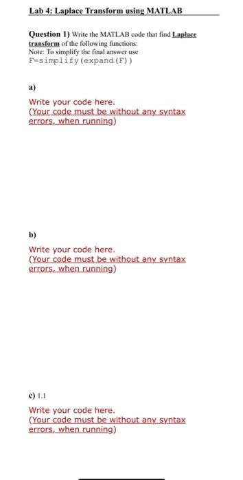 Solved Lab 4: Laplace Transform using MATLAB Question 1) | Chegg.com