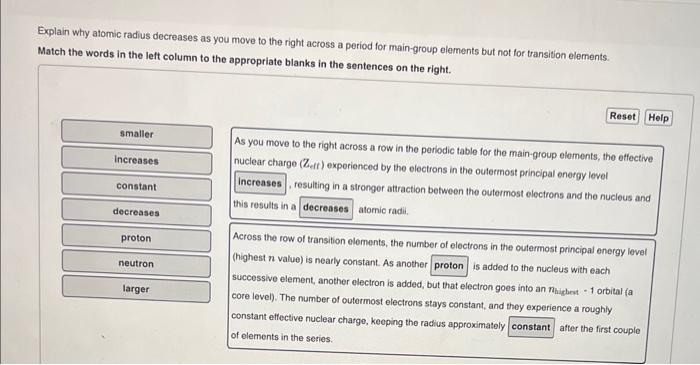 Solved Explain why atomic radius decreases as you move to | Chegg.com