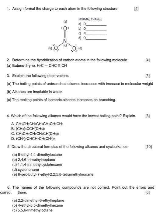 Solved 1. Assign formal the charge to each atom in the | Chegg.com