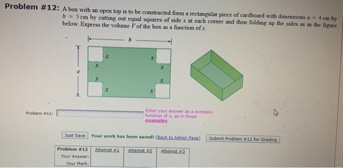 Solved Problem #12: A box with an open top is to be | Chegg.com