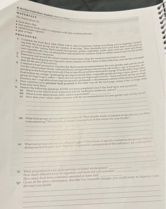 Solved complete lab B. In-Class Food Diary Analysis (About | Chegg.com