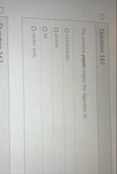Solved Question 162The enzyme pepsin begins the digestion | Chegg.com