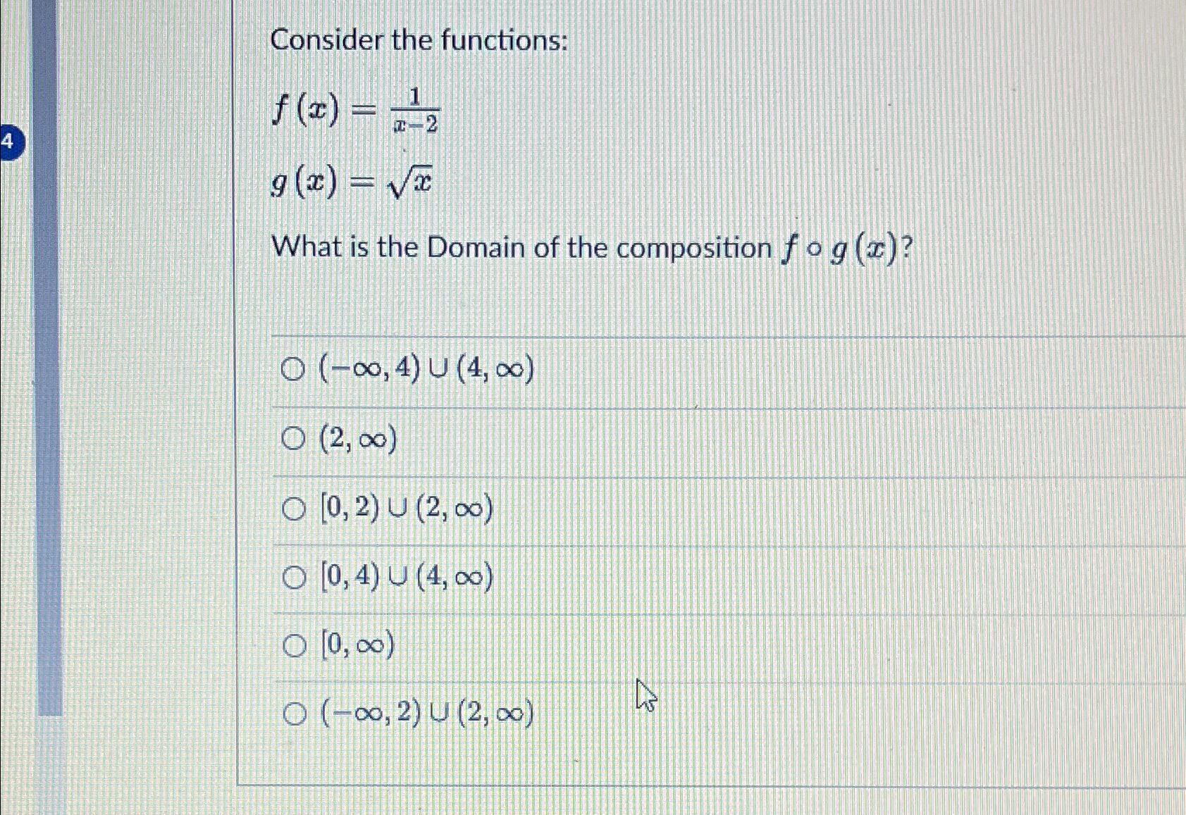 Solved Consider the functions:f(x)=1x-2g(x)=x2What is the | Chegg.com