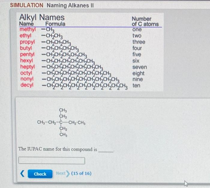 Solved SIMULATION Naming Alkanes II Alkyl Names Number Name | Chegg.com