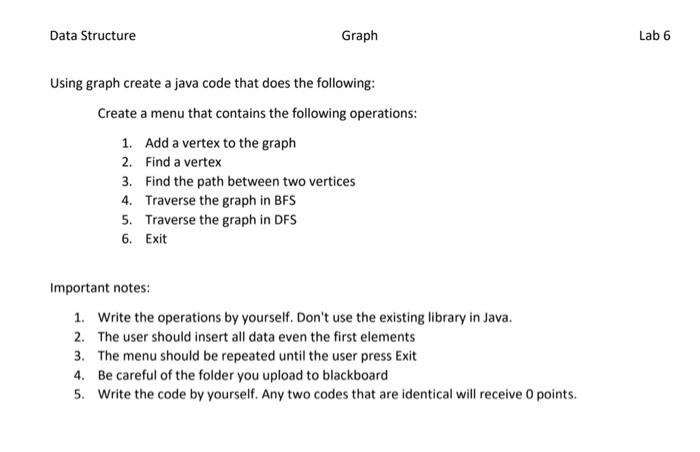 Solved Data Structure Graph Lab 6 Using Graph Create A Java 2988