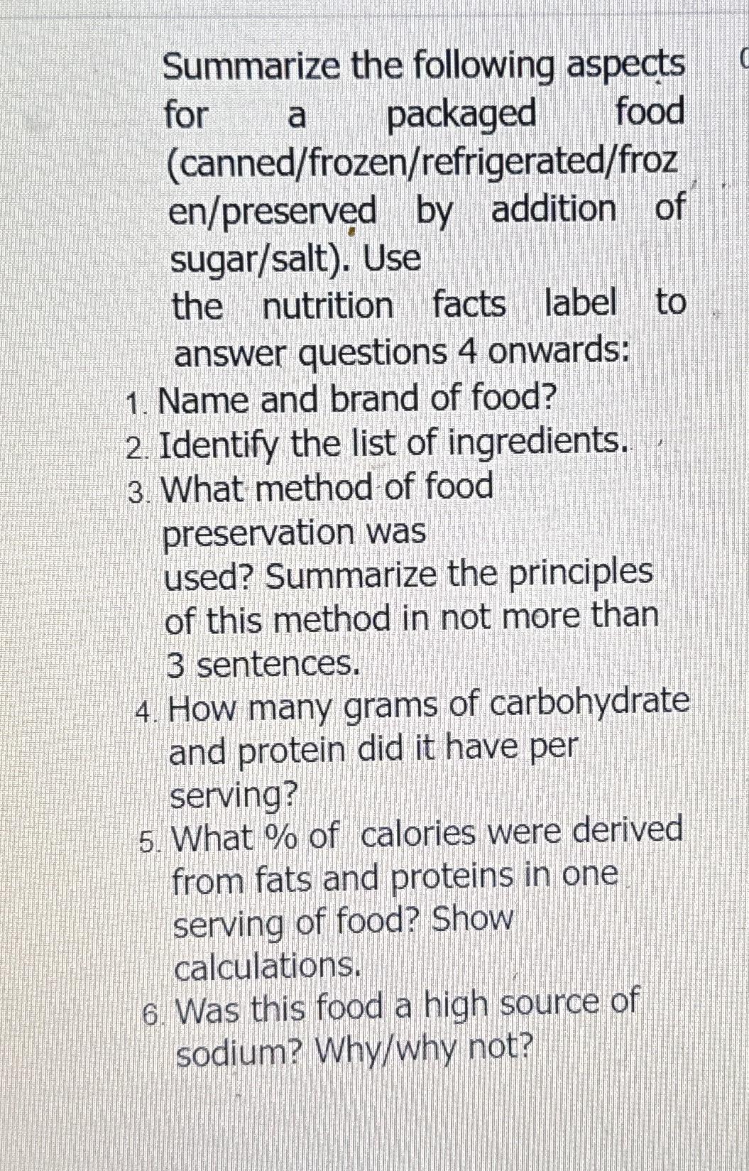 Solved Summarize the following aspects for a packaged food | Chegg.com