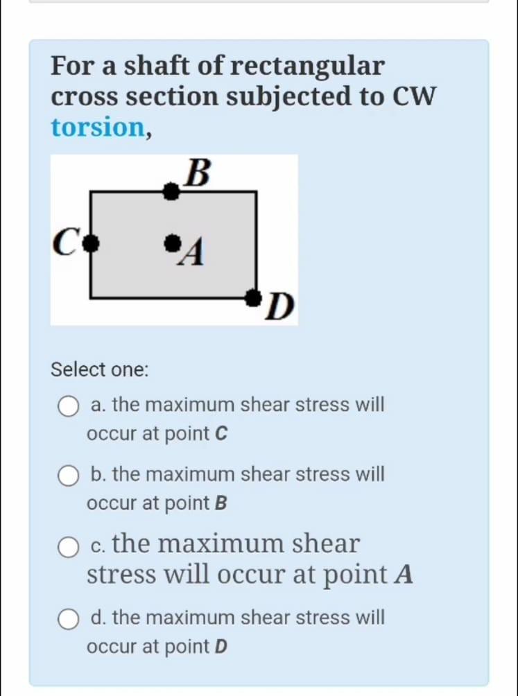 Solved For a shaft of rectangular cross section subjected to | Chegg.com