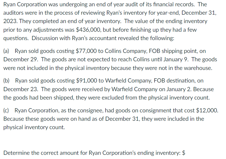 Solved Ryan Corporation was undergoing an end of year audit | Chegg.com