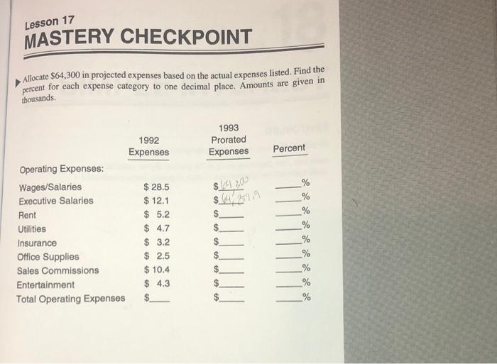 Solved Lesson 17 MASTERY CHECKPOINT Allocate $64,300 in | Chegg.com