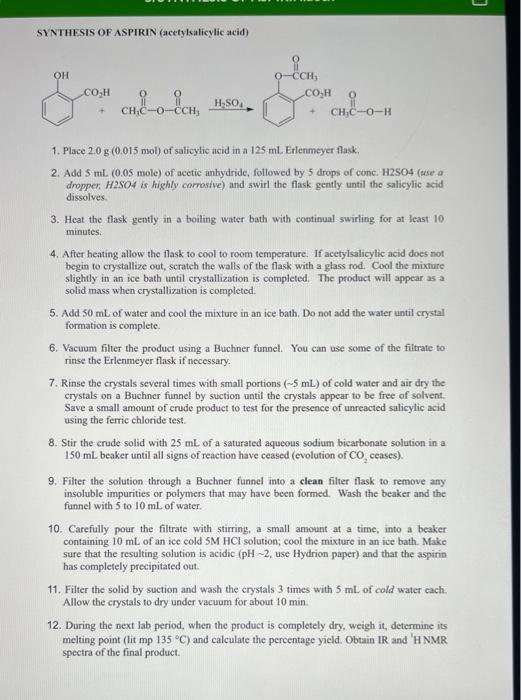 Solved SYNTHESIS OF ASPIRIN (acetylsalicylic acid) H2SO4 1. | Chegg.com