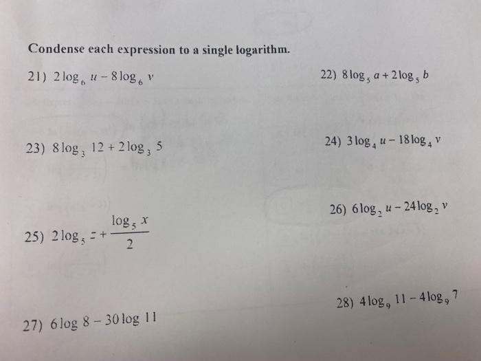 Solved Condense each expression to a single logarithm. 21) | Chegg.com
