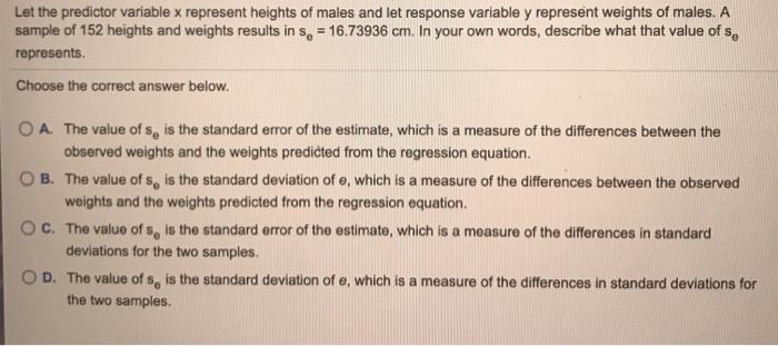 Solved Let the predictor variable x represent heights of | Chegg.com