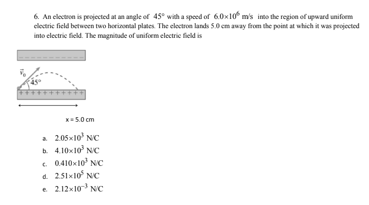 Solved An electron is projected at an angle of 45° ﻿with a | Chegg.com