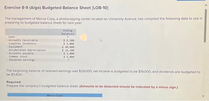 Solved Exercise 8-9 (Algo) Budgeted Balance Sheet [LO8-10] | Chegg.com