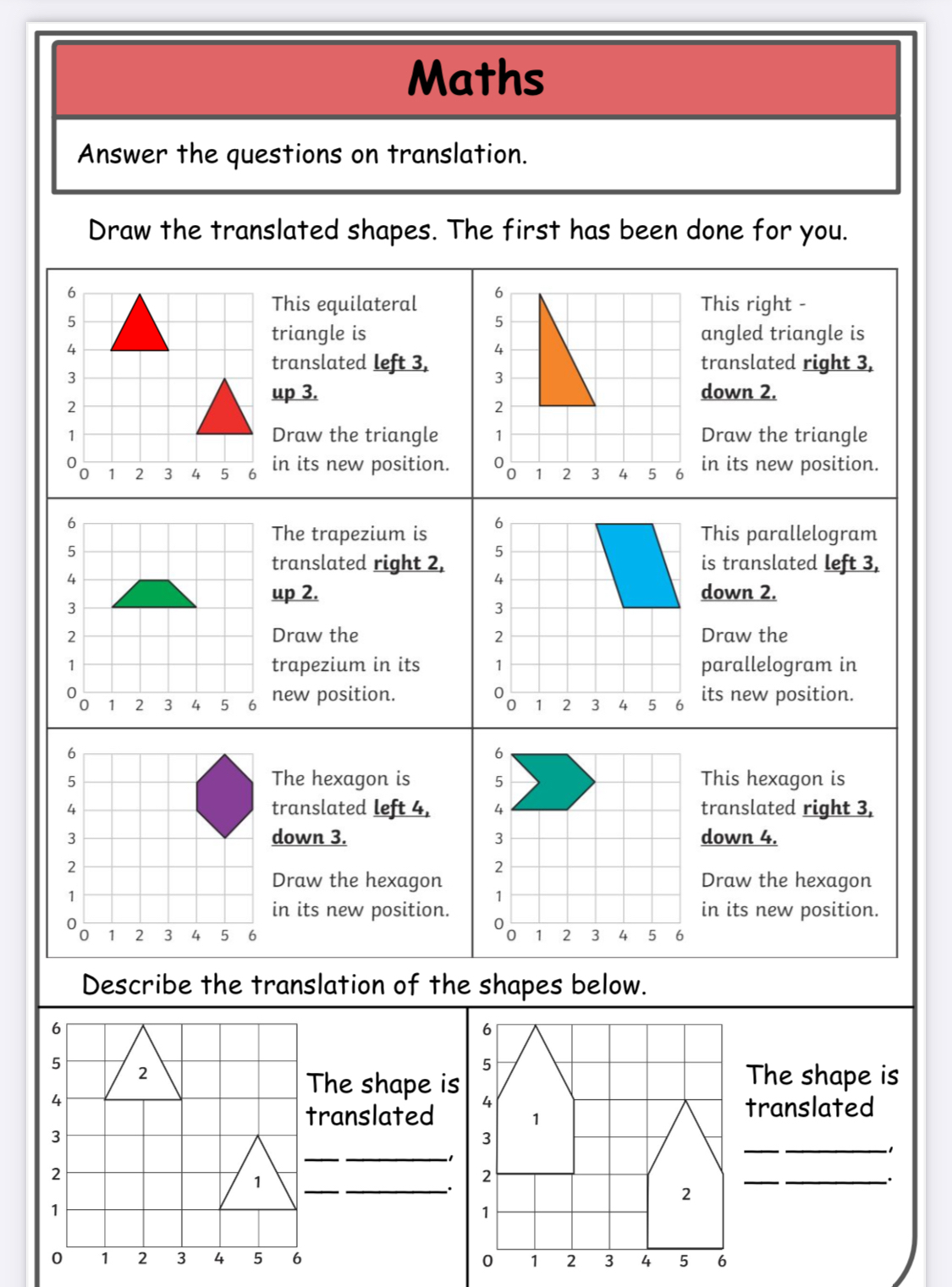 Solved MathsAnswer the questions on translation.Draw the | Chegg.com