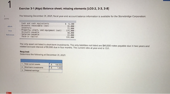 Solved 1 Exercise 3-1 (Algo) Balance sheet; missing elements | Chegg.com