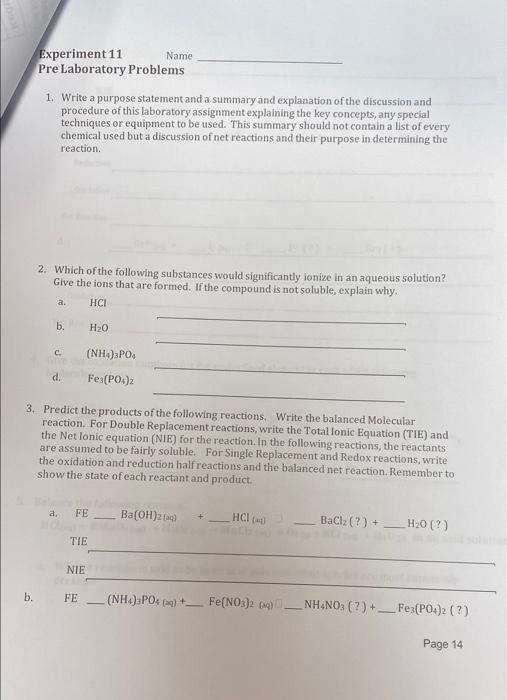 Solved Experiment 11 Name Pre Laboratory Problems 1. Write a | Chegg.com