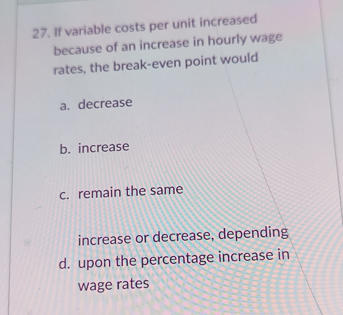 Solved If variable costs per unit increased because of an | Chegg.com