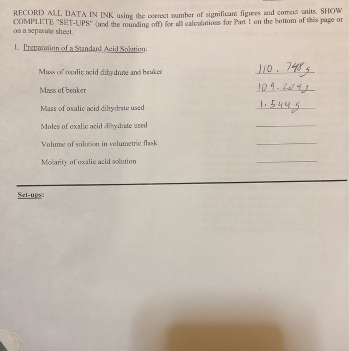 Solved VOLUMETRIC ANALYSIS PRE-LAB ASSIGNMENT Name | Chegg.com