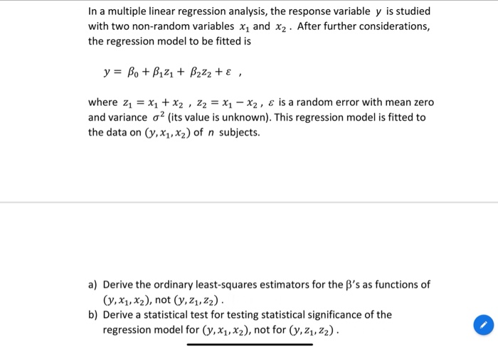 In a multiple linear regression analysis, the | Chegg.com