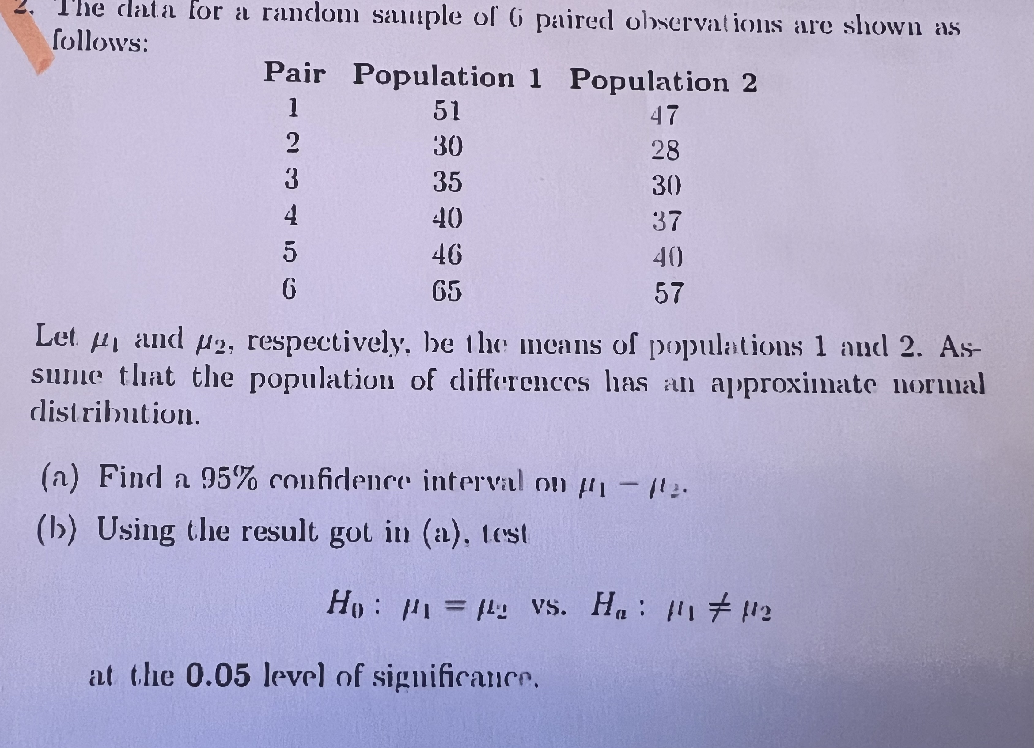 Solved The clata for a random saumple of ( j ﻿paired | Chegg.com