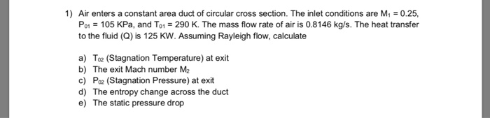 Solved 1) Air enters a constant area duct of circular cross | Chegg.com