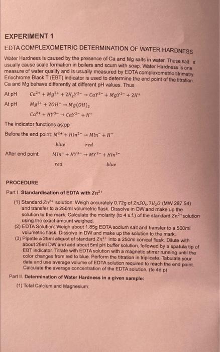 Solved EXPERIMENT 1 EDTA COMPLEXOMETRIC DETERMINATION OF | Chegg.com