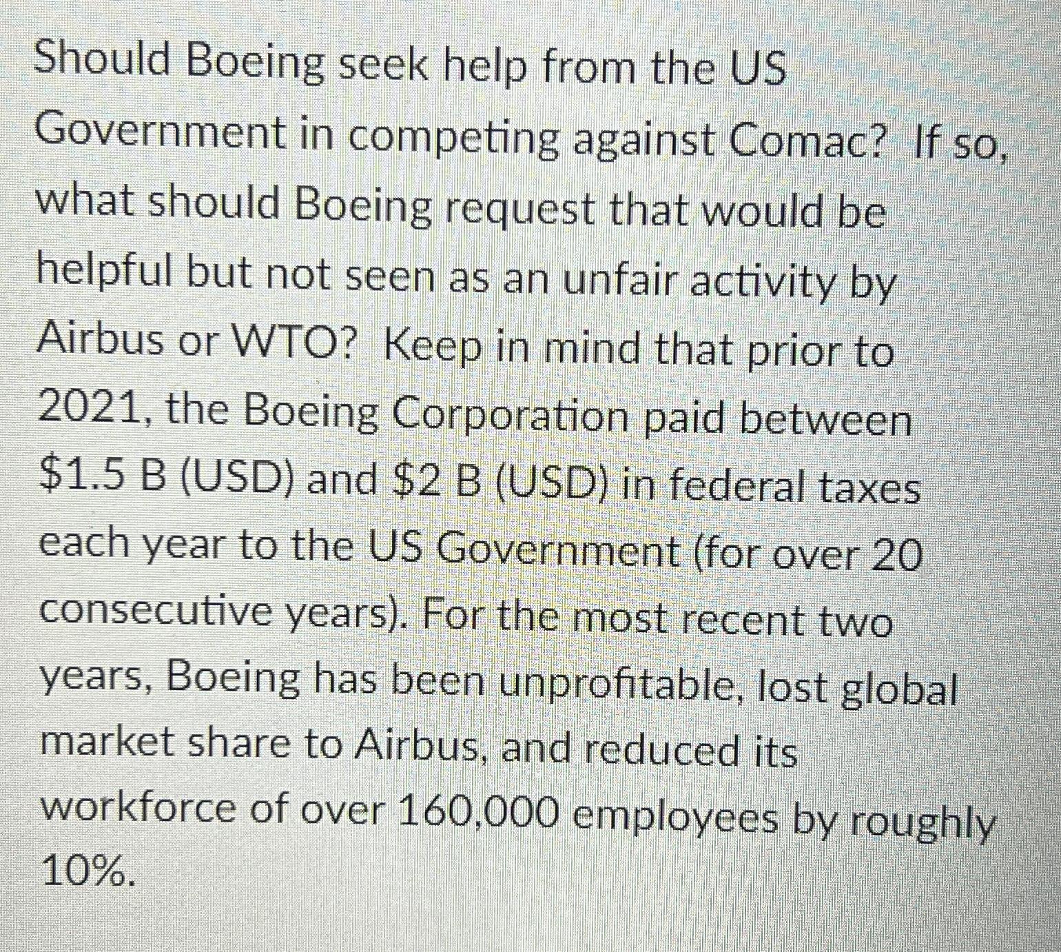 Solved Should Boeing seek help from the US Government in | Chegg.com