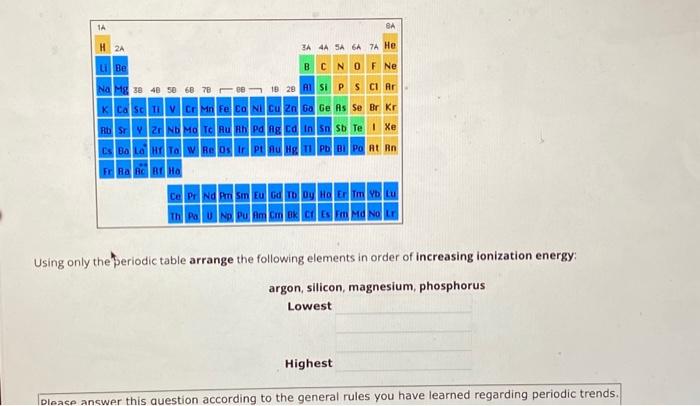 Solved Using only the periodic table arrange the following | Chegg.com