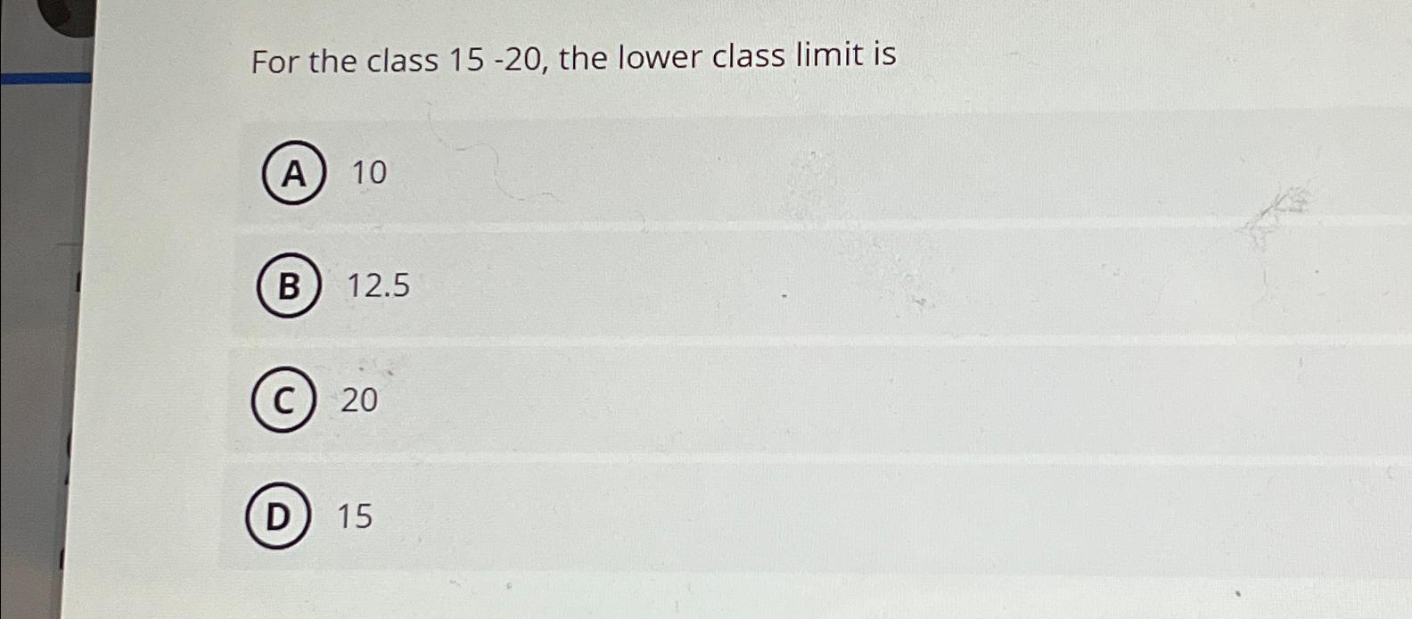 Solved For the class 15-20, ﻿the lower class limit | Chegg.com