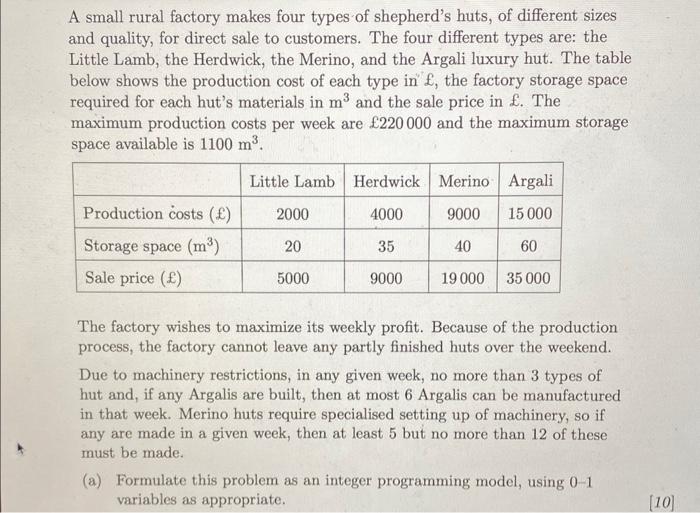 Solved A small rural factory makes four types of shepherd's | Chegg.com