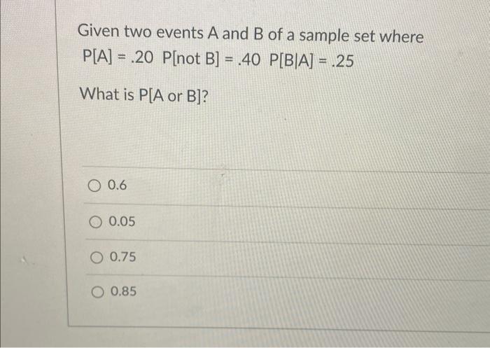 Solved Given two events A and B of a sample set where | Chegg.com