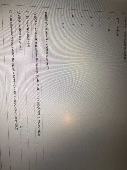 Solved Consider the following net cash flow. EOY NCF ($) 0 - | Chegg.com