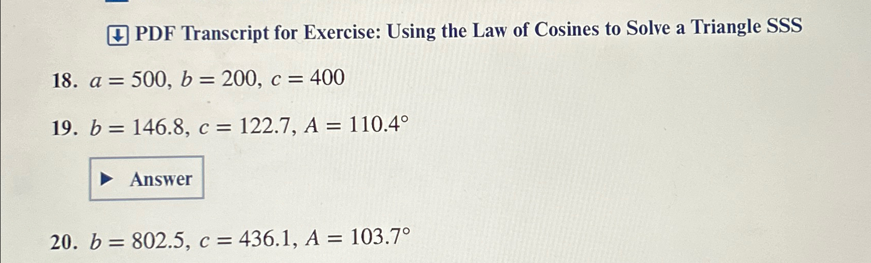 Solved PDF Transcript for Exercise: Using the Law of Cosines | Chegg.com
