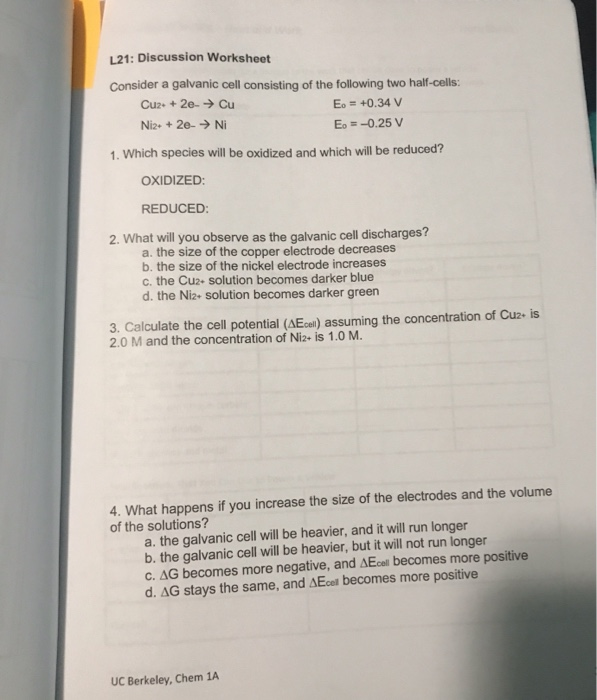 Solved L21: Discussion Worksheet Consider a galvanic cell | Chegg.com