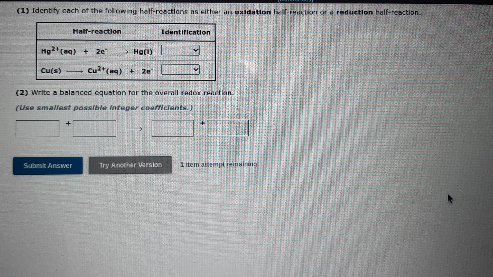 Solved (2) Write a balanced equation for the overall redox | Chegg.com