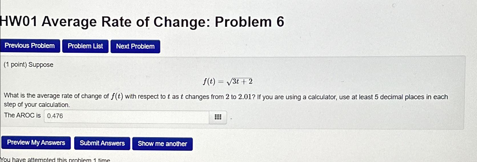 Solved HW01 ﻿Average Rate of Change: Problem 6(1 ﻿point) | Chegg.com