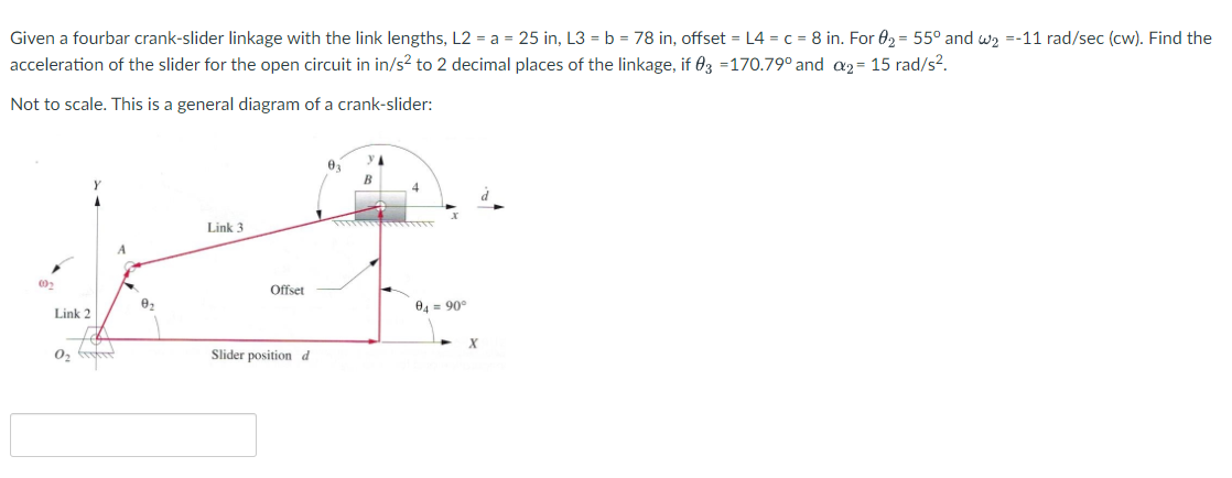 Solved Given a fourbar crank-slider linkage with the link | Chegg.com