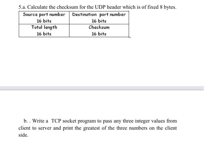 Solved 5 A Calculate The Checksum For The Udp Header Which