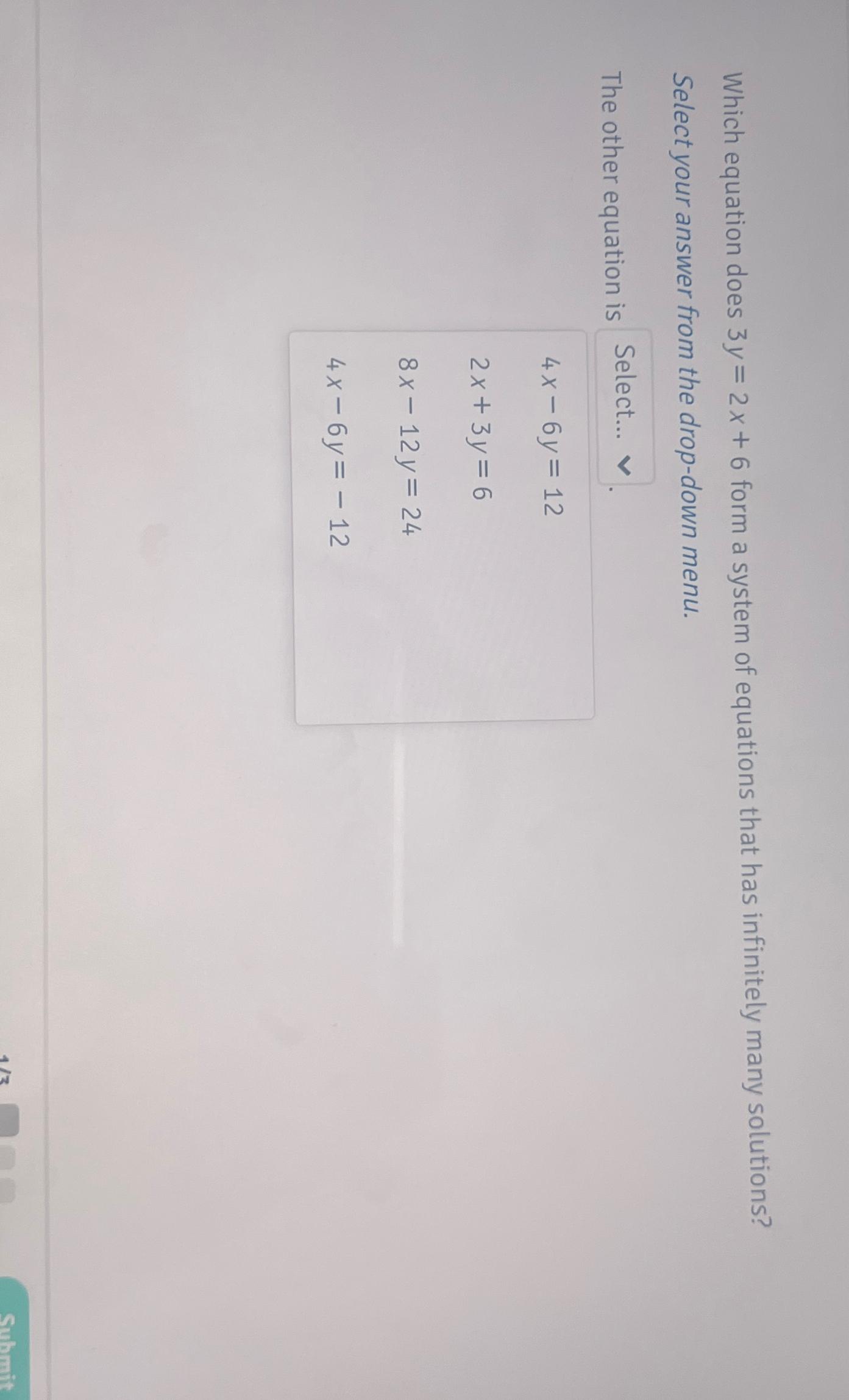 Solved Which equation does 3y=2x+6 ﻿form a system of | Chegg.com