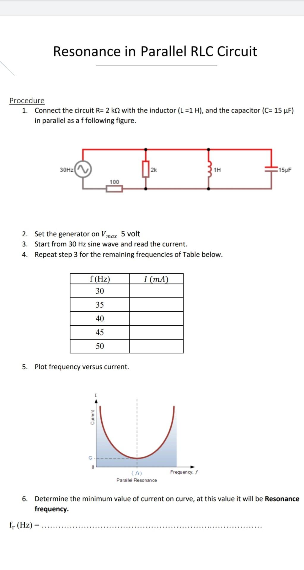 Solved Resonance in Parallel RLC Circuit Procedure 1. | Chegg.com