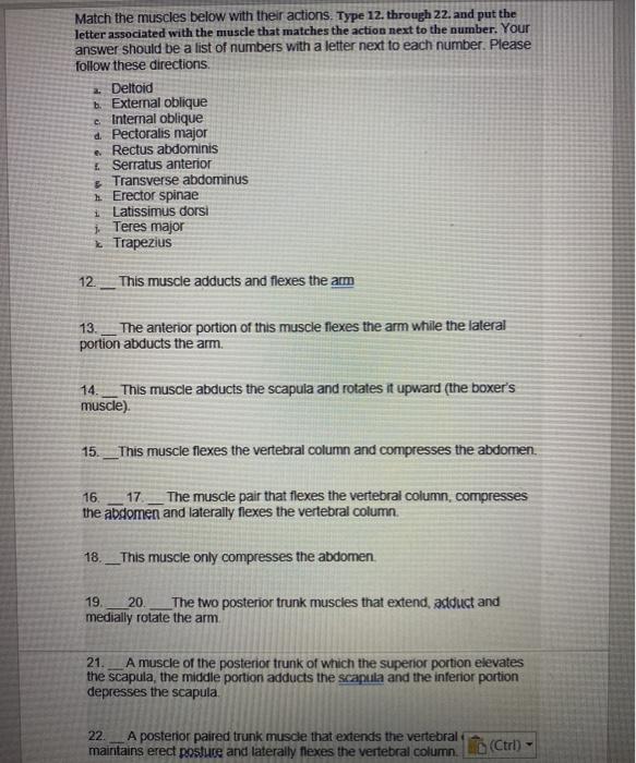 Solved Match the muscles below with their actions. Type 12. | Chegg.com