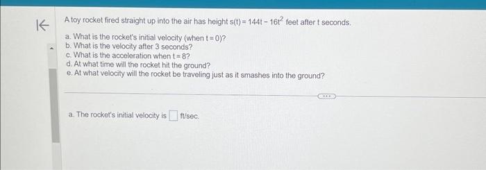 Solved A toy rocket fired straight up into the air has | Chegg.com