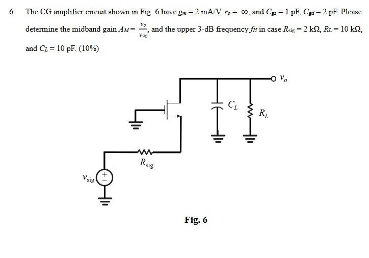 Solved The CG amplifier circuit shown in Fig. 6 have gm = 2 | Chegg.com