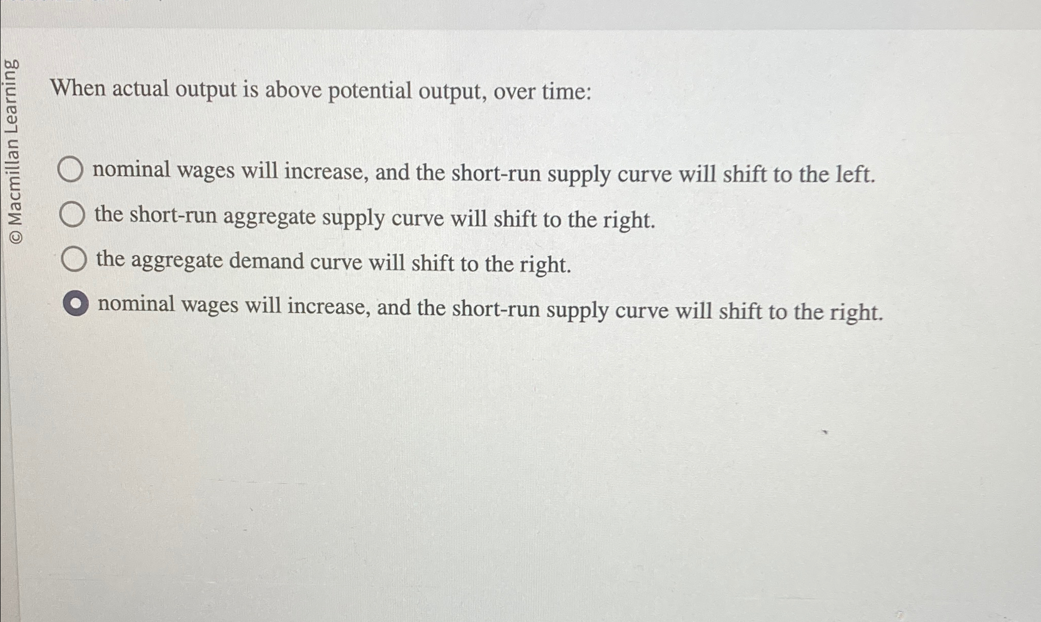 Solved When actual output is above potential output, over | Chegg.com