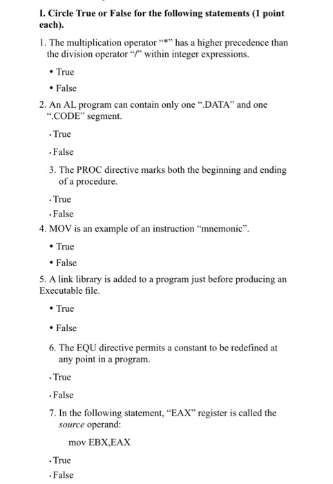 Solved I. Circle True or False for the following statements | Chegg.com