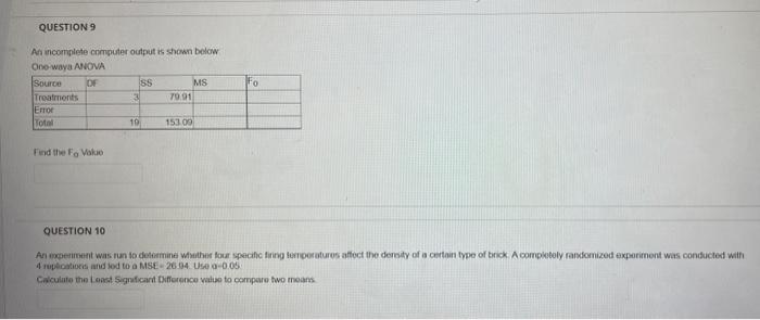 Solved Ae incomplete computer output is shosn below Onowava | Chegg.com