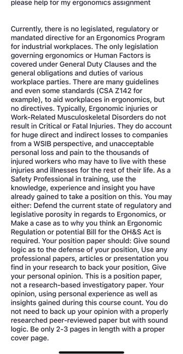Solved please help tor my ergonomics assignment Currently, | Chegg.com