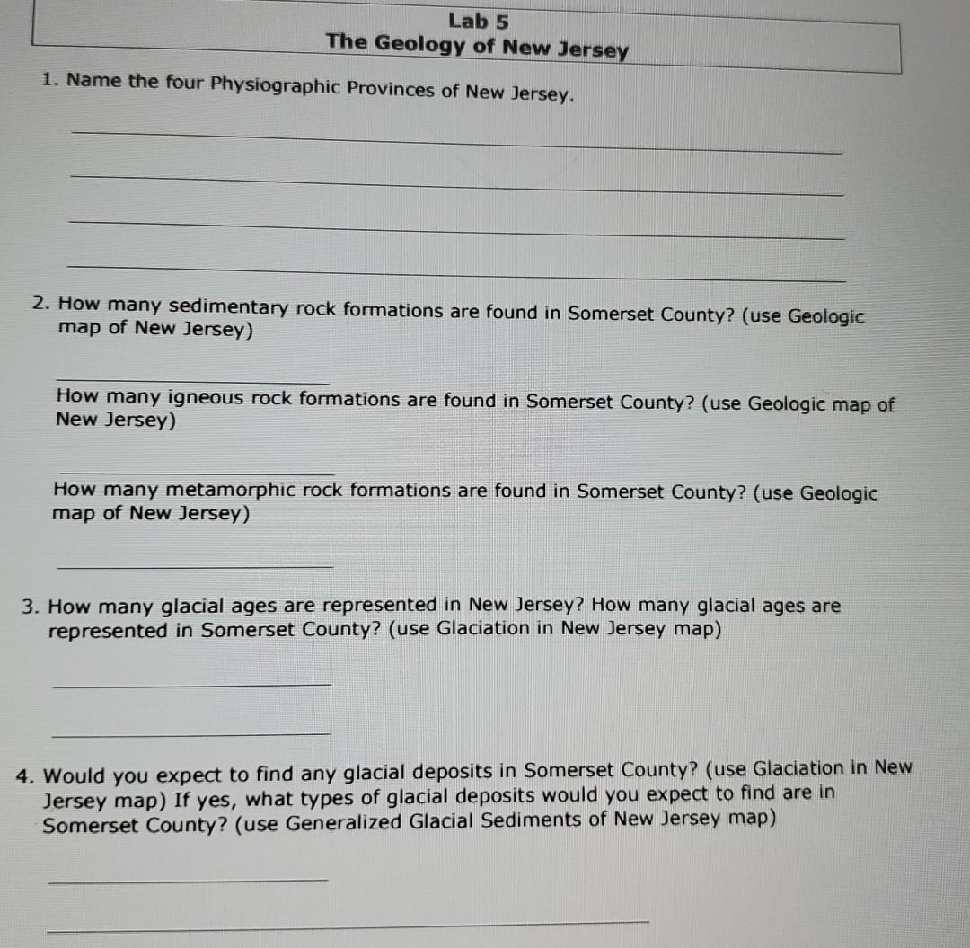 Solved Lab 5 The Geology of New Jersey 1. Name the four | Chegg.com