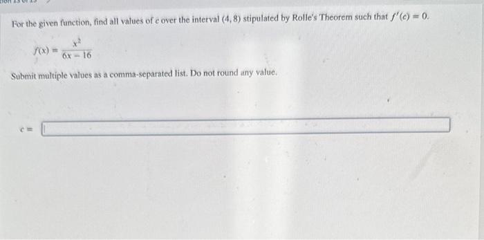 Solved For the given function, find all values of c over the | Chegg.com